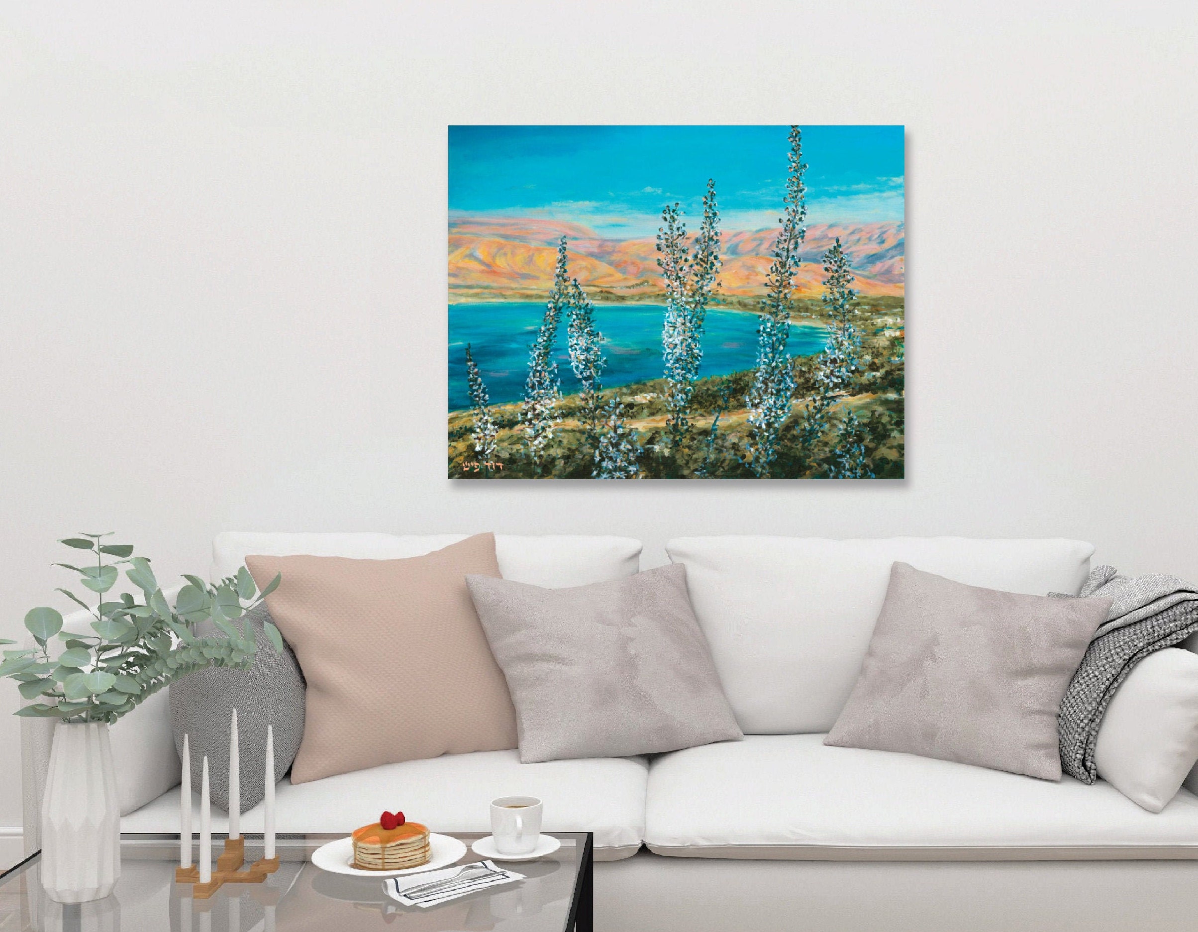 Lake Kinneret Painting, Sea of Galilee and the Golan Heights Israeli ...