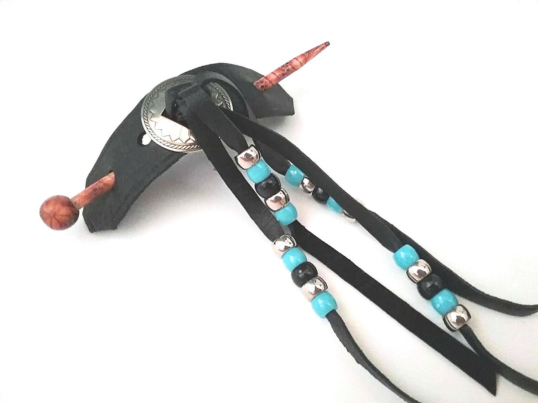 Black Leather Beaded Fringed Concho Hair Barrette for Bun or Ponytail ...