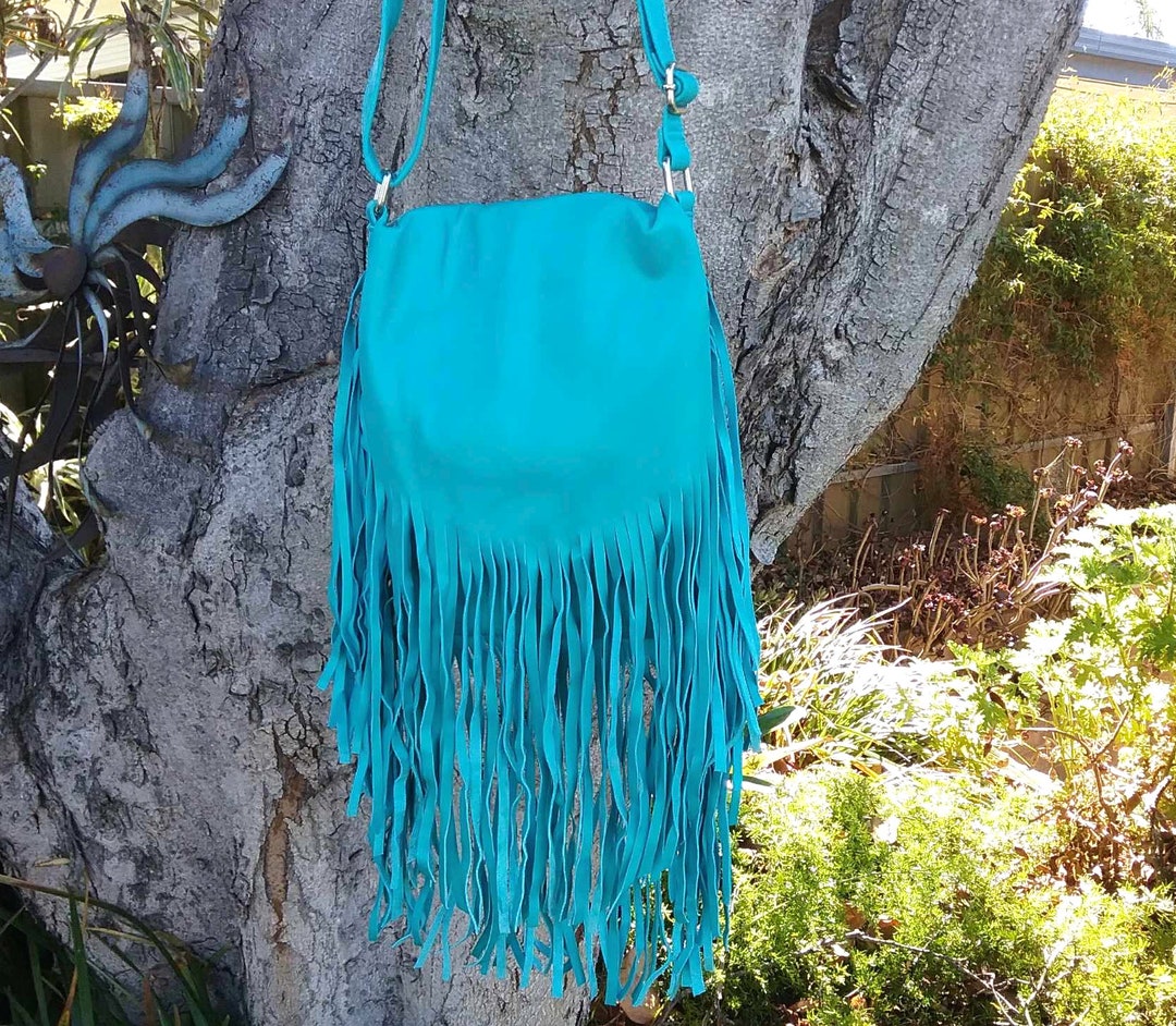 Turquoise Fringed Leather Purse, Adjustable Strap Crossbody Boho Bag ...