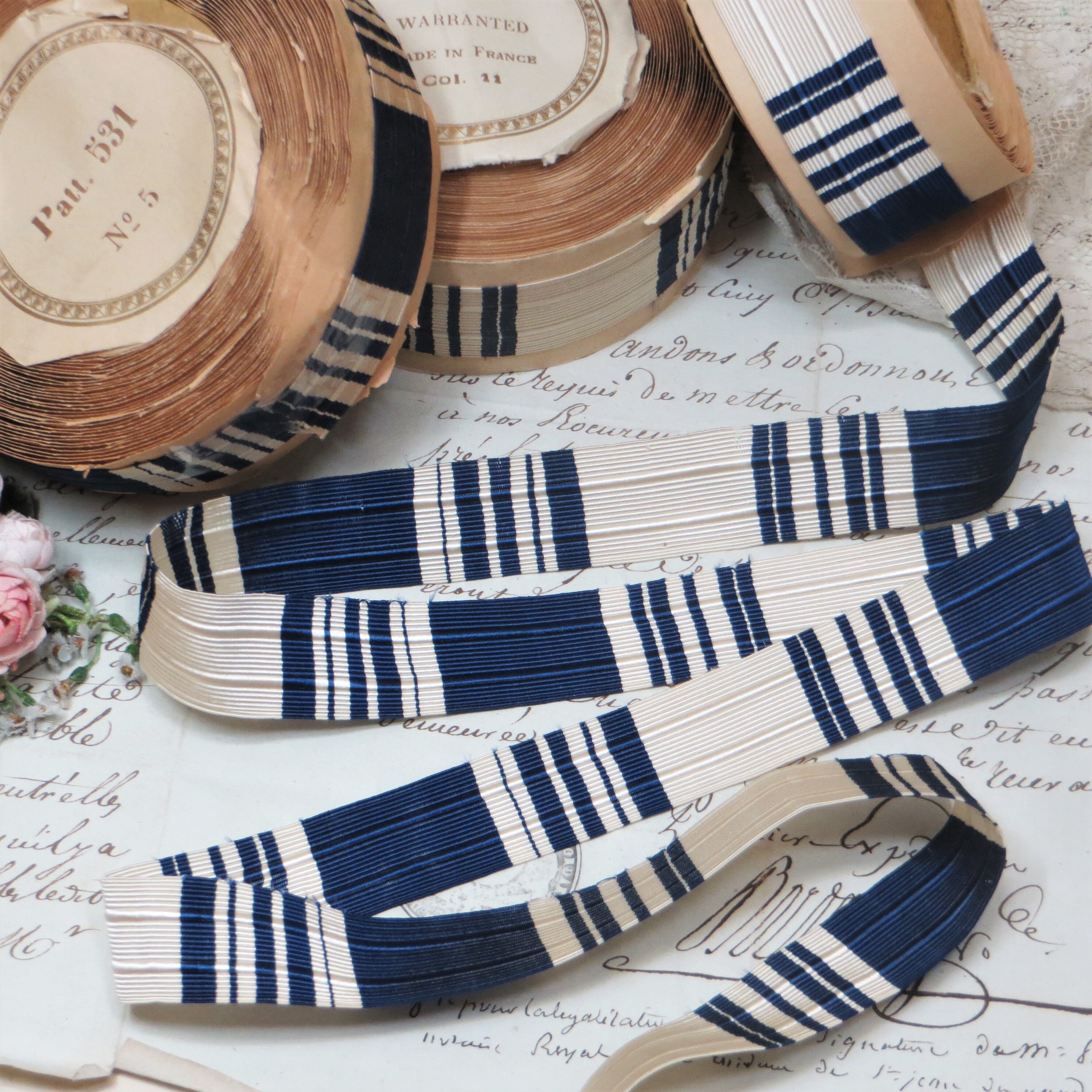 1y ART DECO BLUE White Stripe Grosgrain Ribbon tag: Made in | Etsy