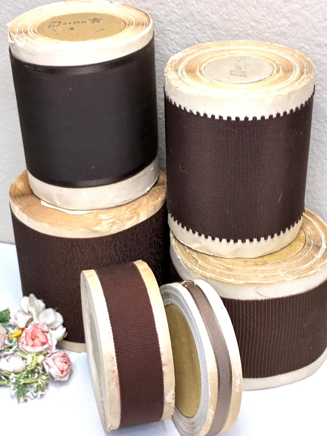 6 Rolls Lot FANCY BROWN TEXTURE Grosgrain Petersham Ribbons Tags: Hat ...