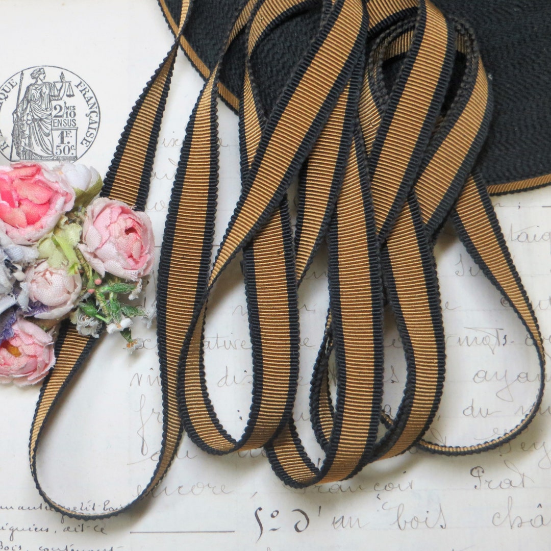 1y BLACK GOLD GROSGRAIN Ribbon Tag: Hat Banding Ribbon Pinstripe ...