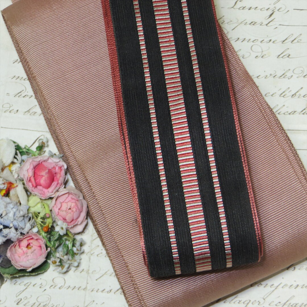 2y 1940 FRENCH HAT BANDING Ribbon Rosegold Beige Black Coral Red Stripe ...