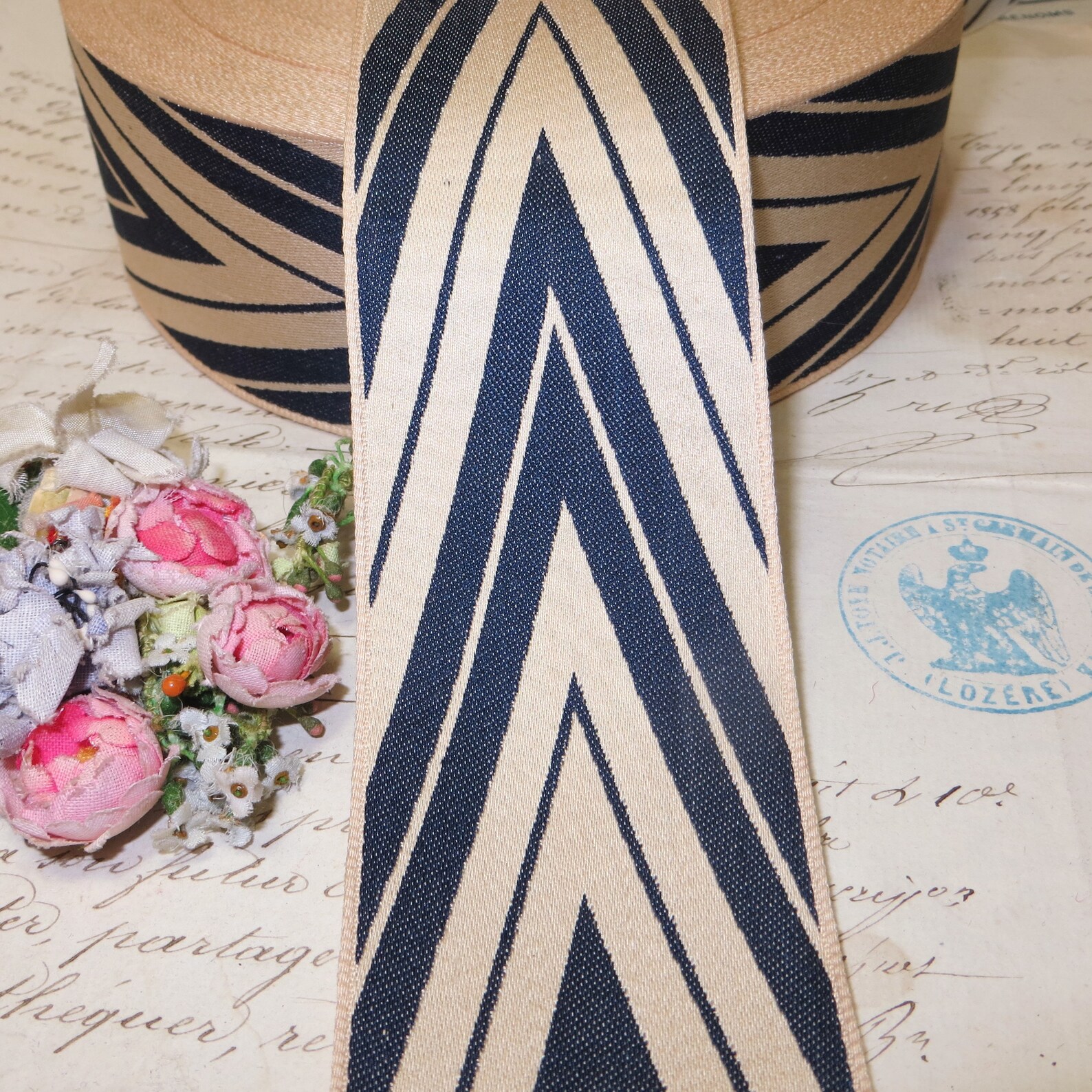 1y FRENCH CHEVRON RIBBON 2 Vintage Trim Navy Beige 1920s | Etsy