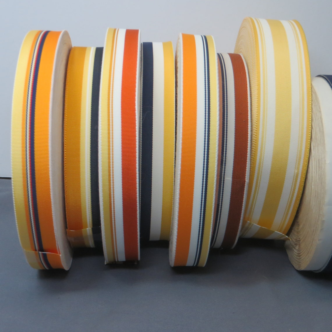 1y YELLOW GOLD NAVY Stripe Woven Edge Grosgrain Ribbon Tag: French ...
