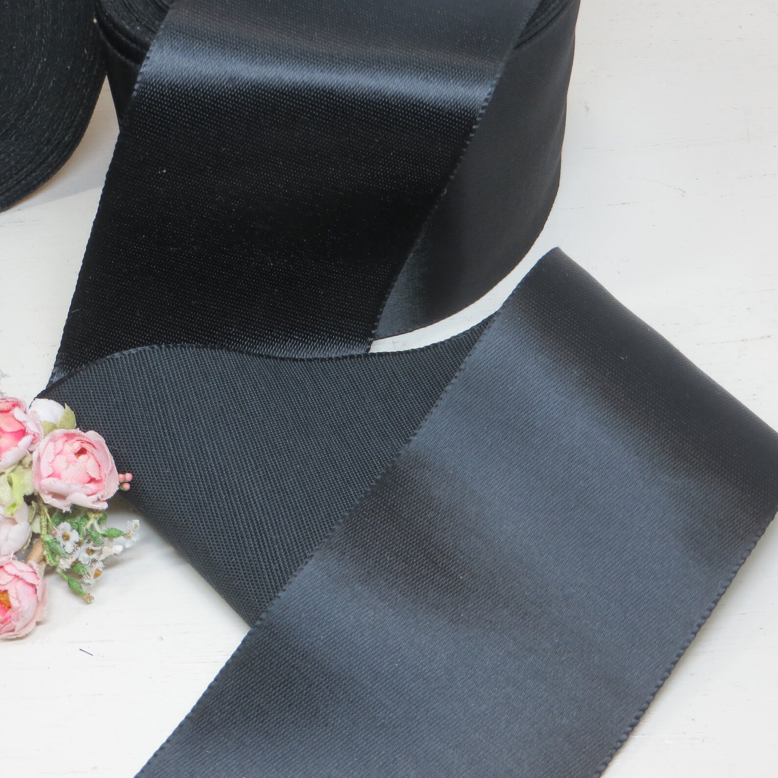 15y Roll THICK BLACK SATIN Ribbed Belting Ribbon Tag: Black Satin ...