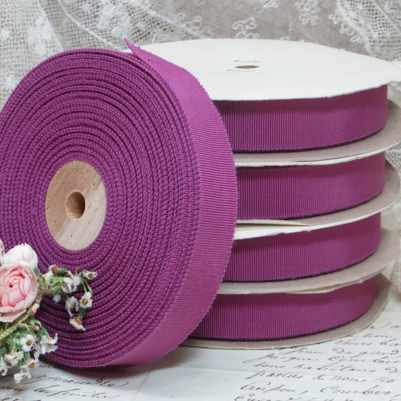 25y Roll PEONY PURPLE PINK Cotton Rayon Grosgrain Ribbon Tag: French ...
