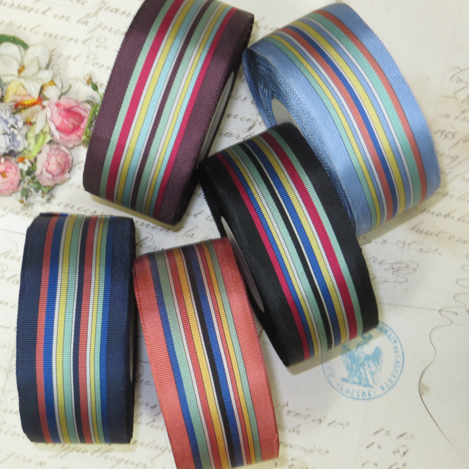 1y MAROON WINE TAFFETA 1.5" Pinstripe Grosgrain Ribbon Vintage Trim ...