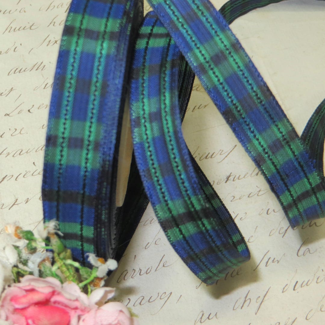4 Yards ENGLISH TARTAN BLUE Green Plaid Ribbon: Vintage French Hat ...