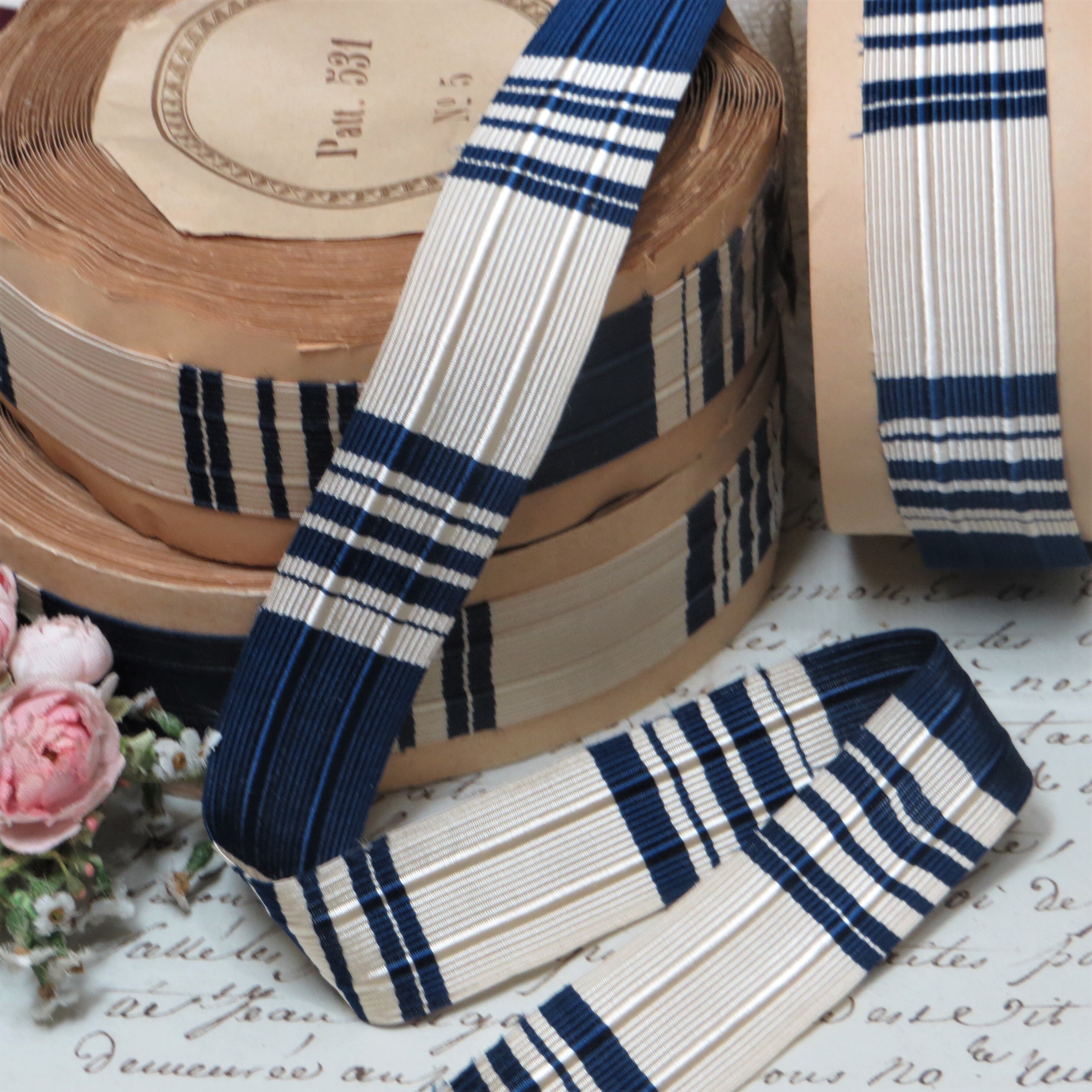 1y ART DECO BLUE White Stripe Grosgrain Ribbon tag: Made in | Etsy