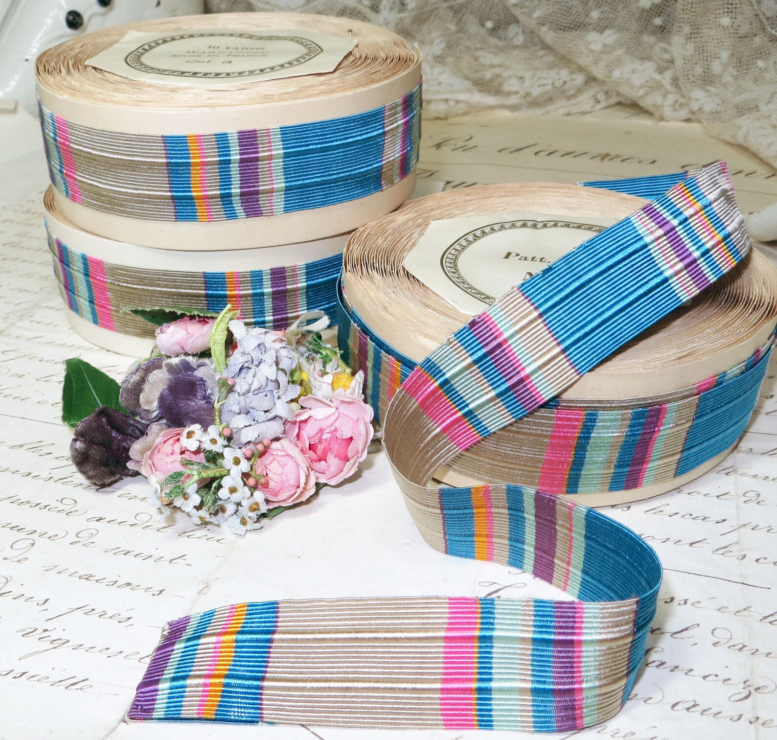 1y ART DECO BLUE White Stripe Grosgrain Ribbon tag: Made in | Etsy