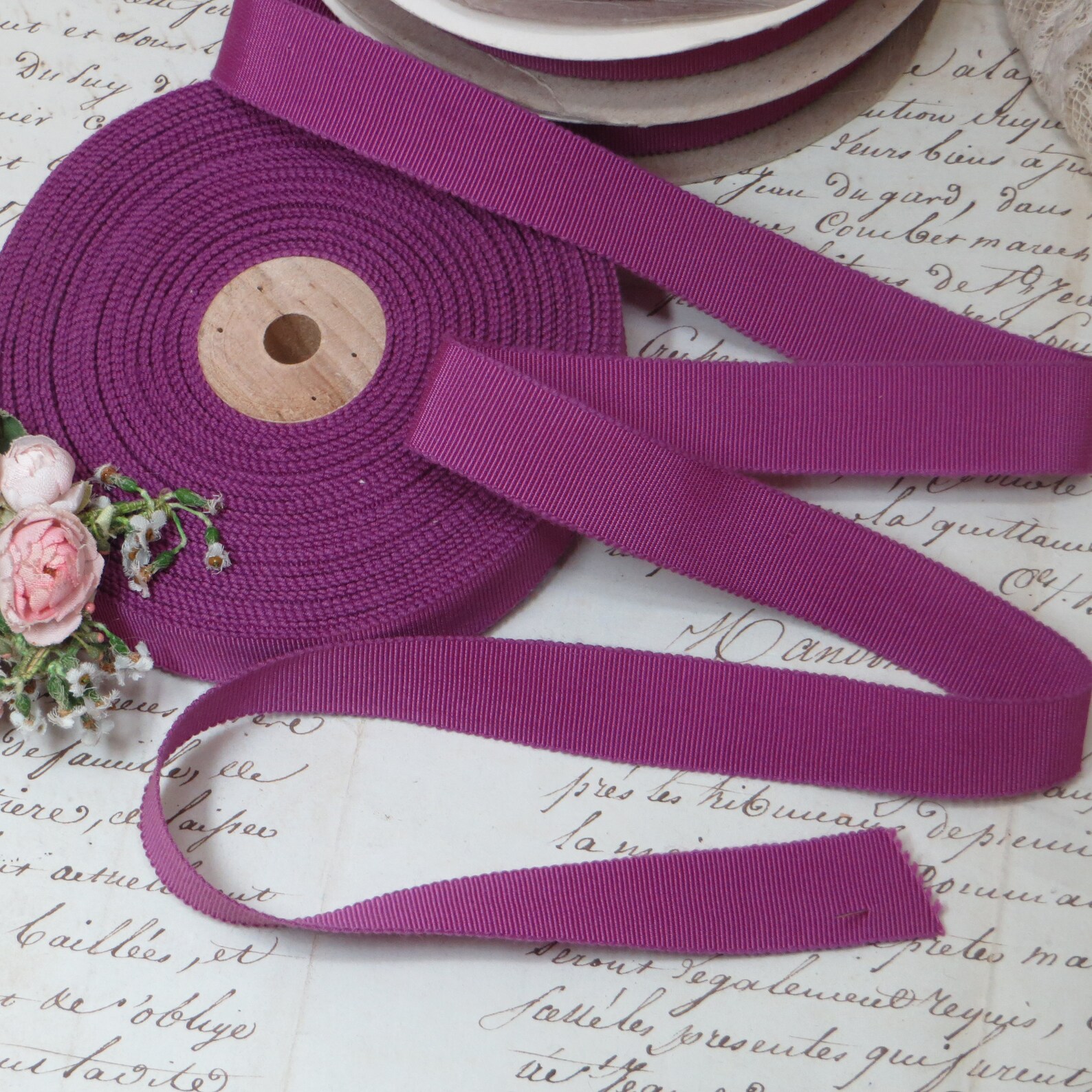 25y Roll PEONY PURPLE PINK Cotton Rayon Grosgrain Ribbon Tag: French ...