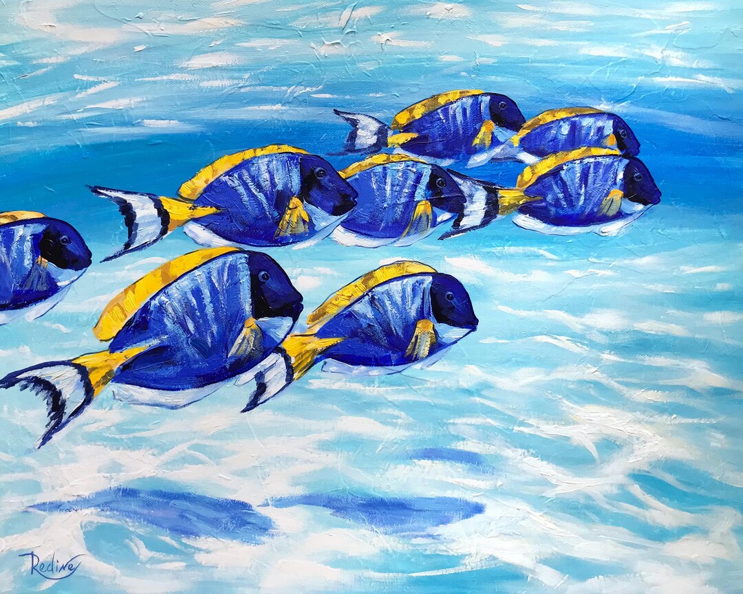 Blue Tang Fish School: Original Painting by Irina Redine, Dory Fish Art ...