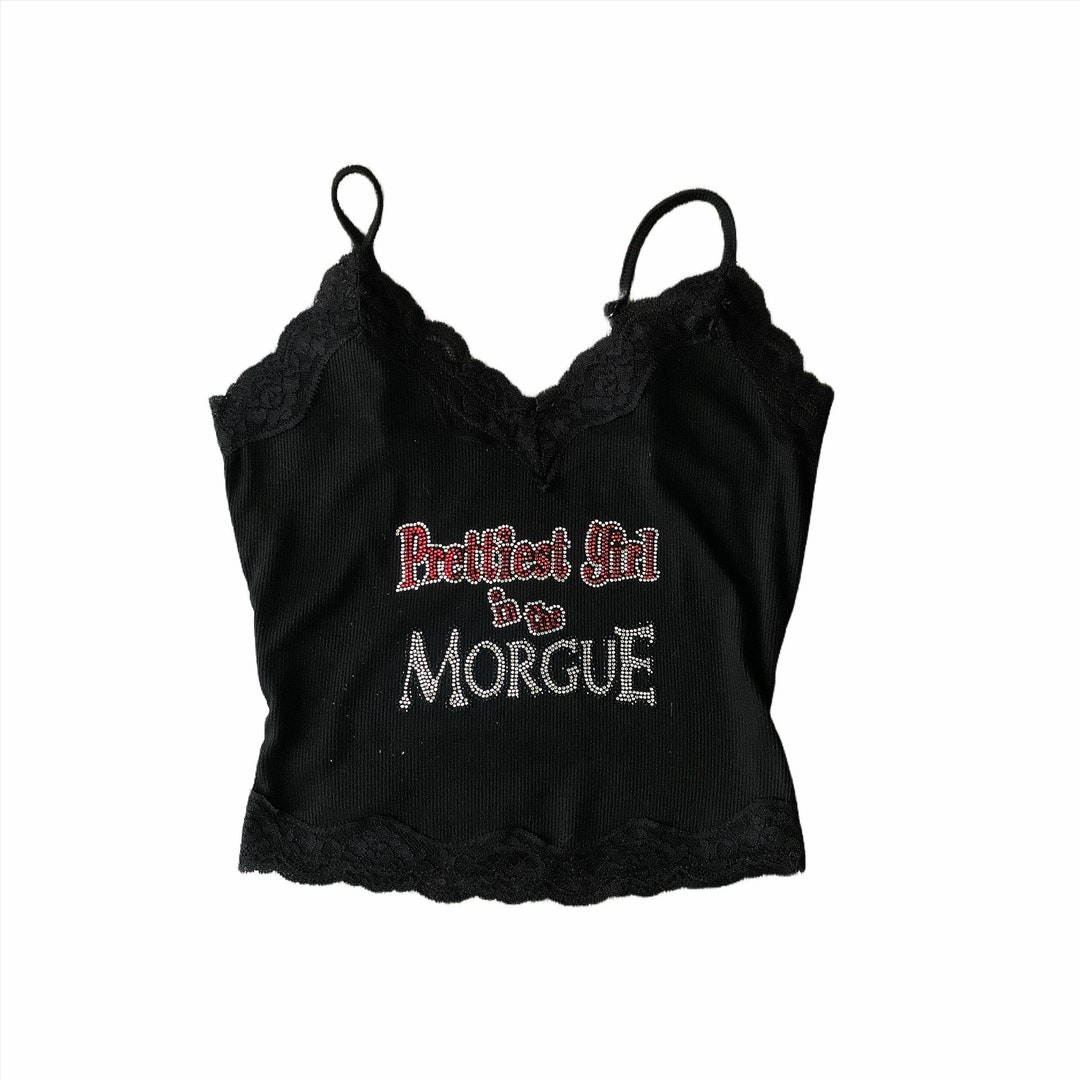 Prettiest Girl in the Morgue Rhinestone Lace Trim Cami - Mall Goth ...