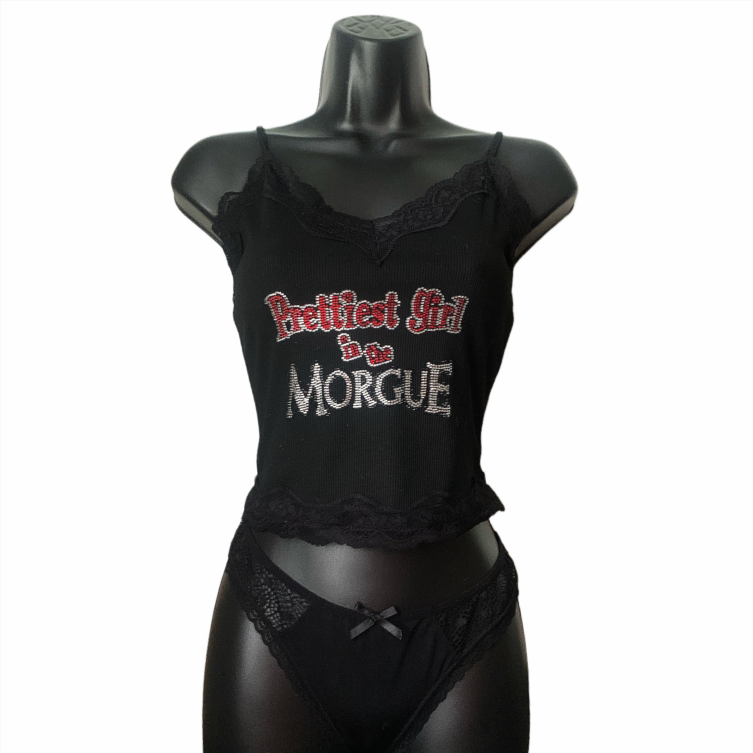 Prettiest Girl in the Morgue Rhinestone Lace Trim Cami - Mall Goth ...