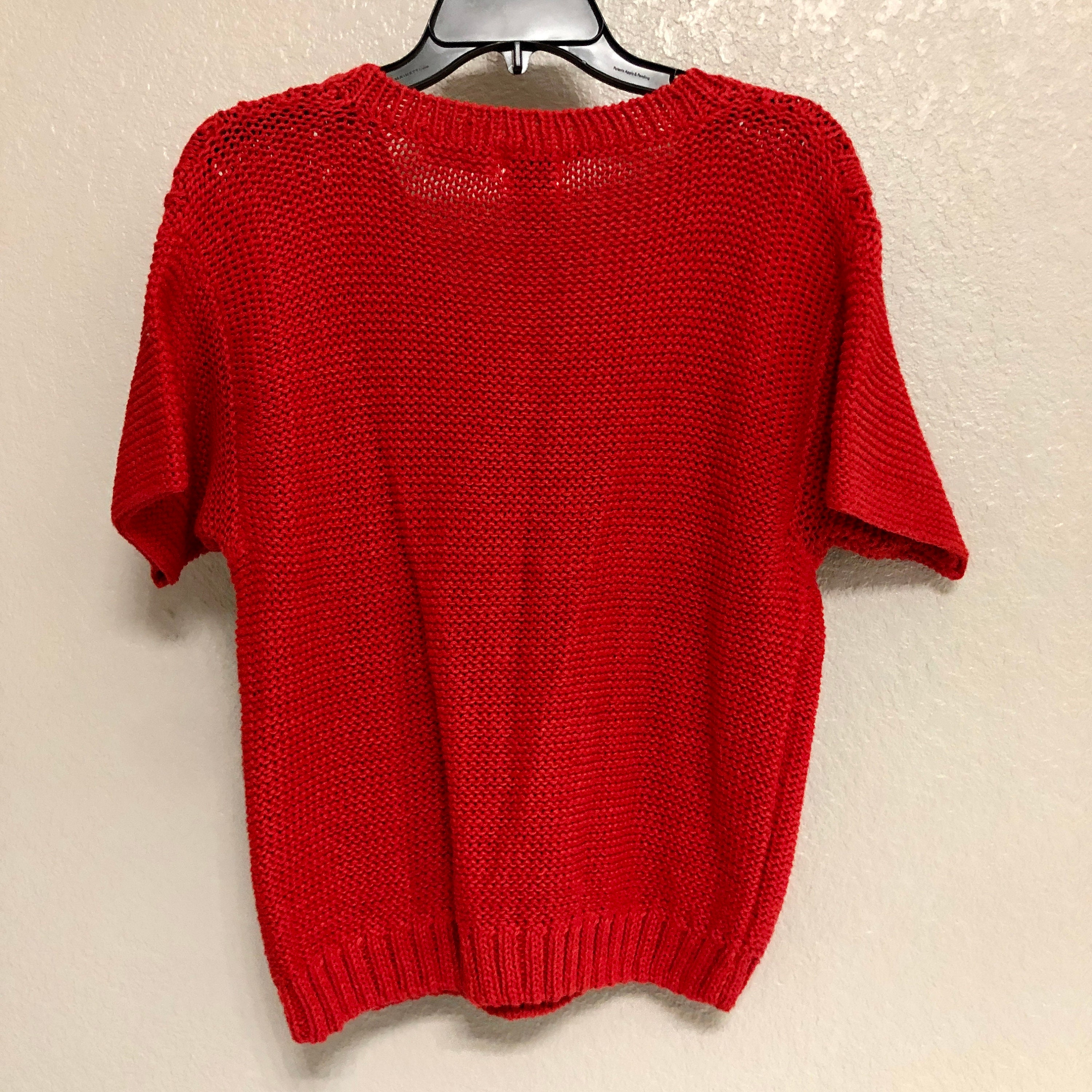 Hand Knit Red Koret 90s Vintage Short Sleeve Top - Koret - Womens Large ...