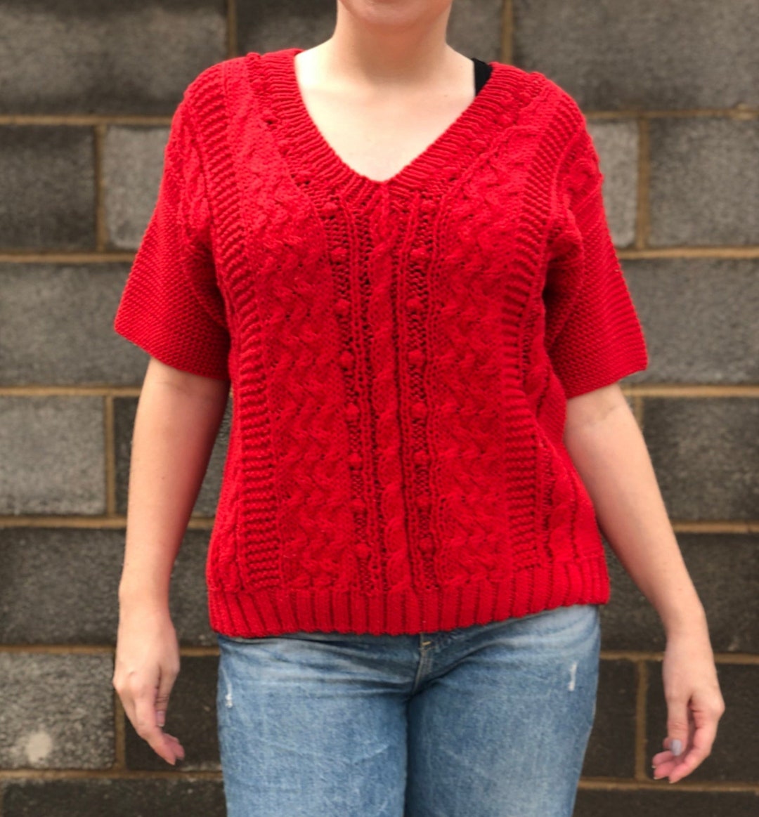 Hand Knit Red Koret 90s Vintage Short Sleeve Top - Koret - Womens Large ...