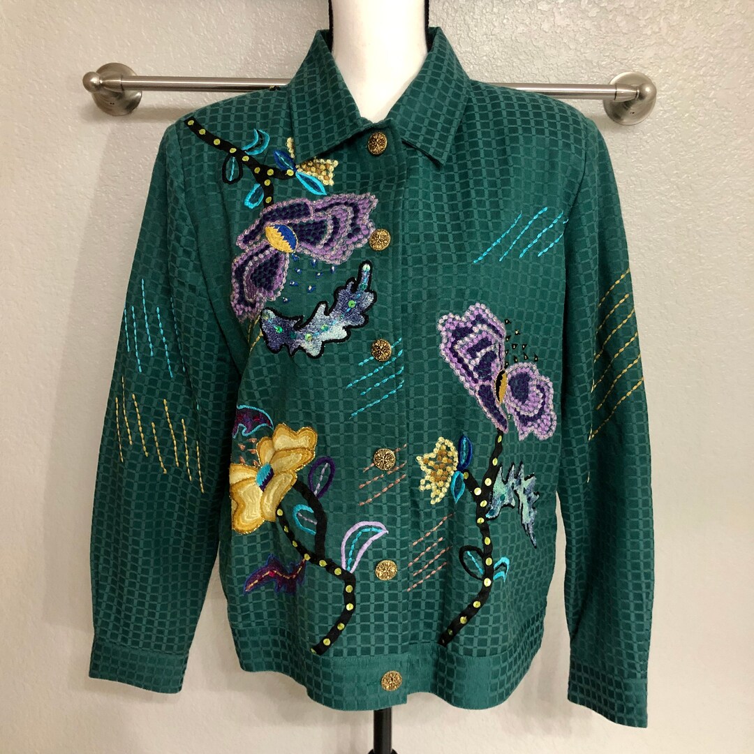Maximalist 90s Deep Teal Green With Abstract Funky Flowers Sewed ...