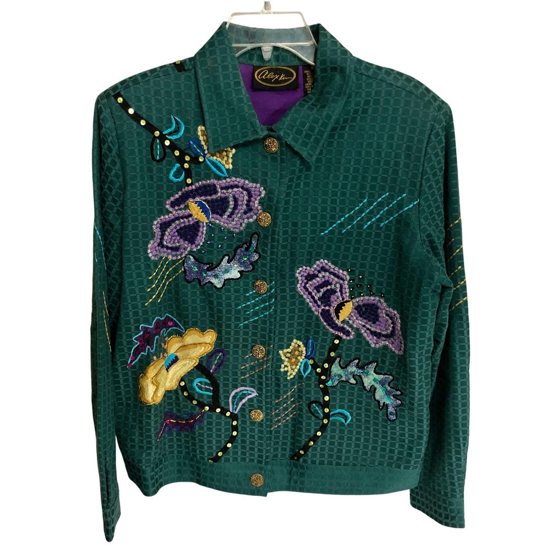 Alex Kim Jacket Womens Medium Bold Dark Teal Green Purple Floral ...