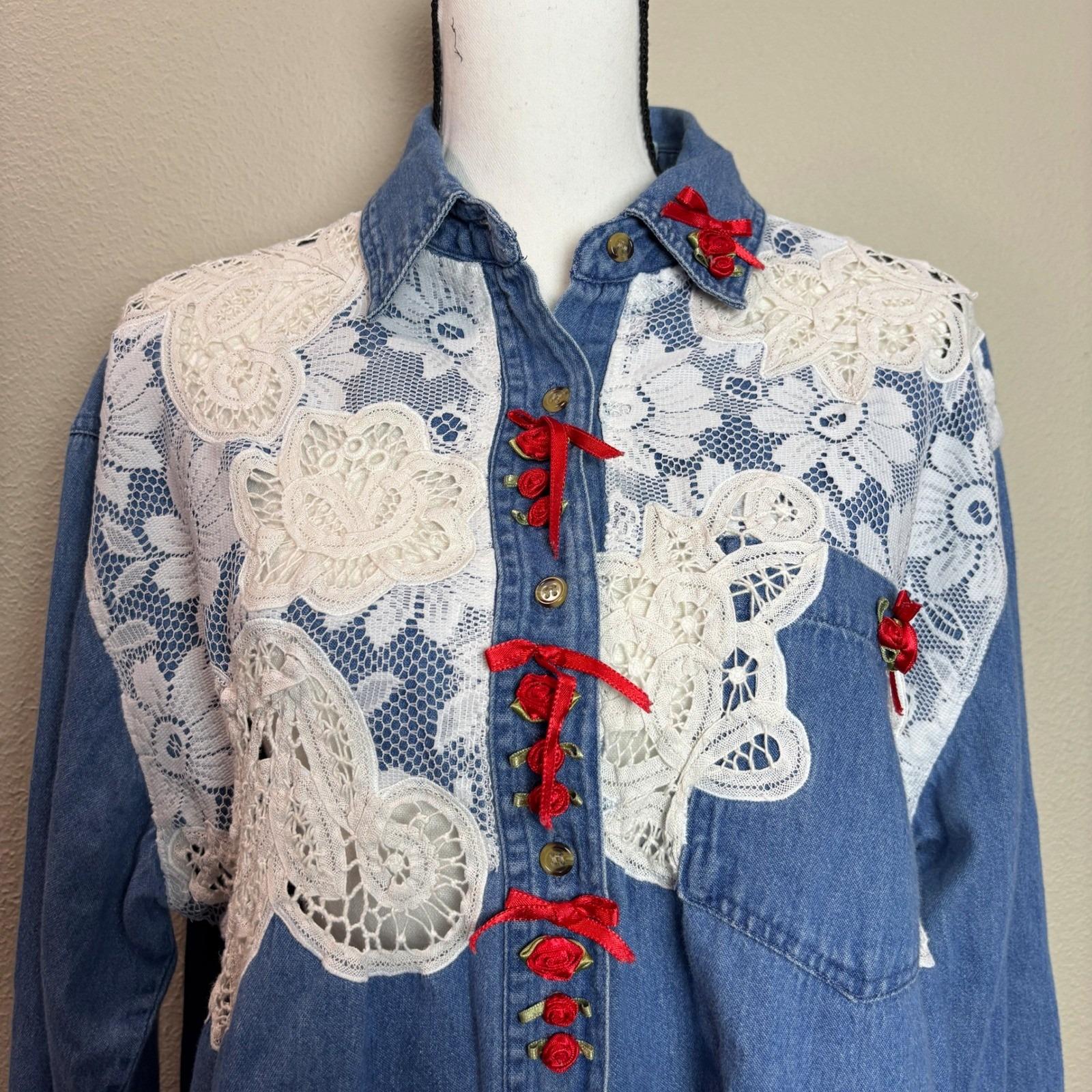 PTNY Denim Shirt Lace Applique Rose Accents Western Blouse Size Large ...