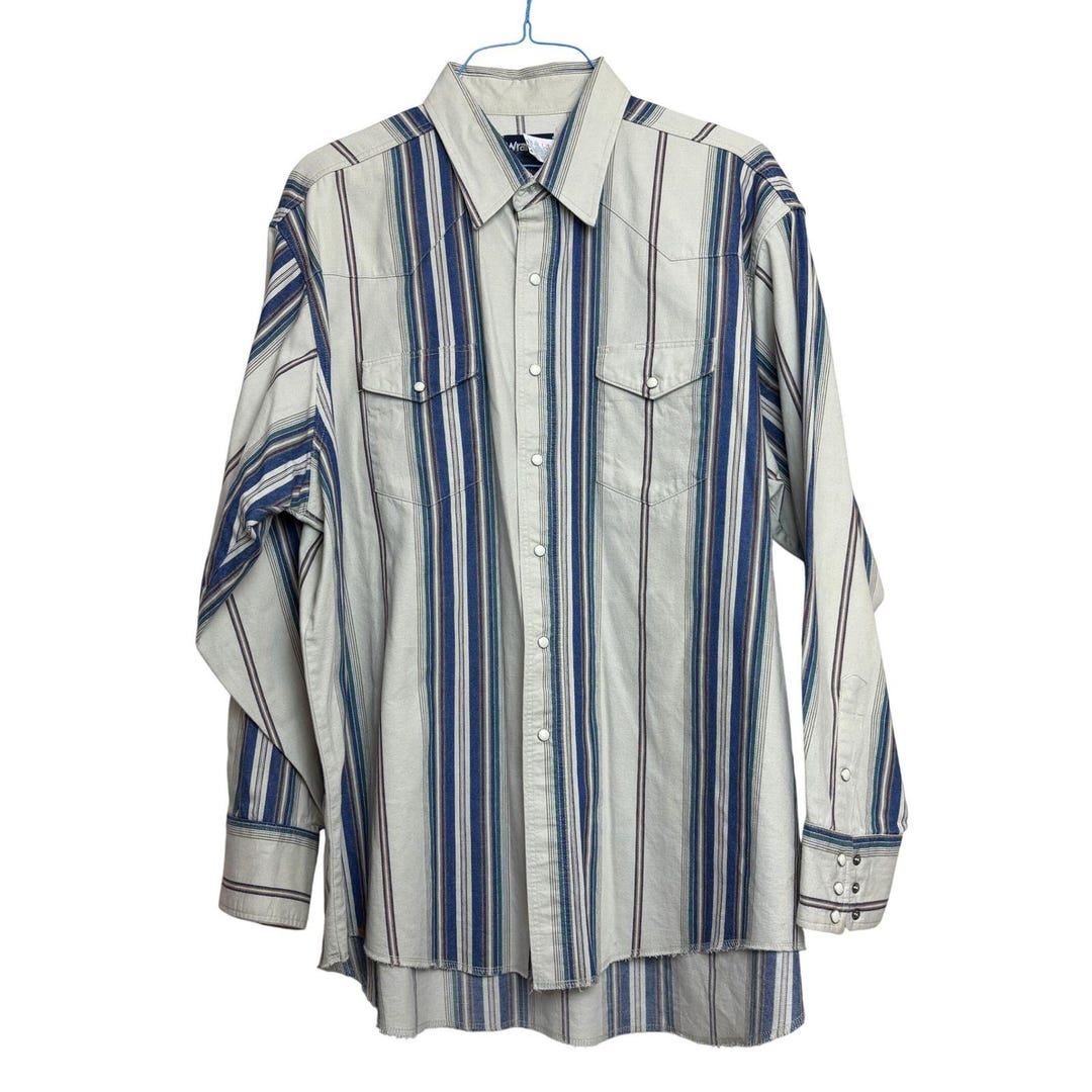 Wrangler Cowboy Long Mens Pearl Snap Button Western Shirt Beige Stripe ...