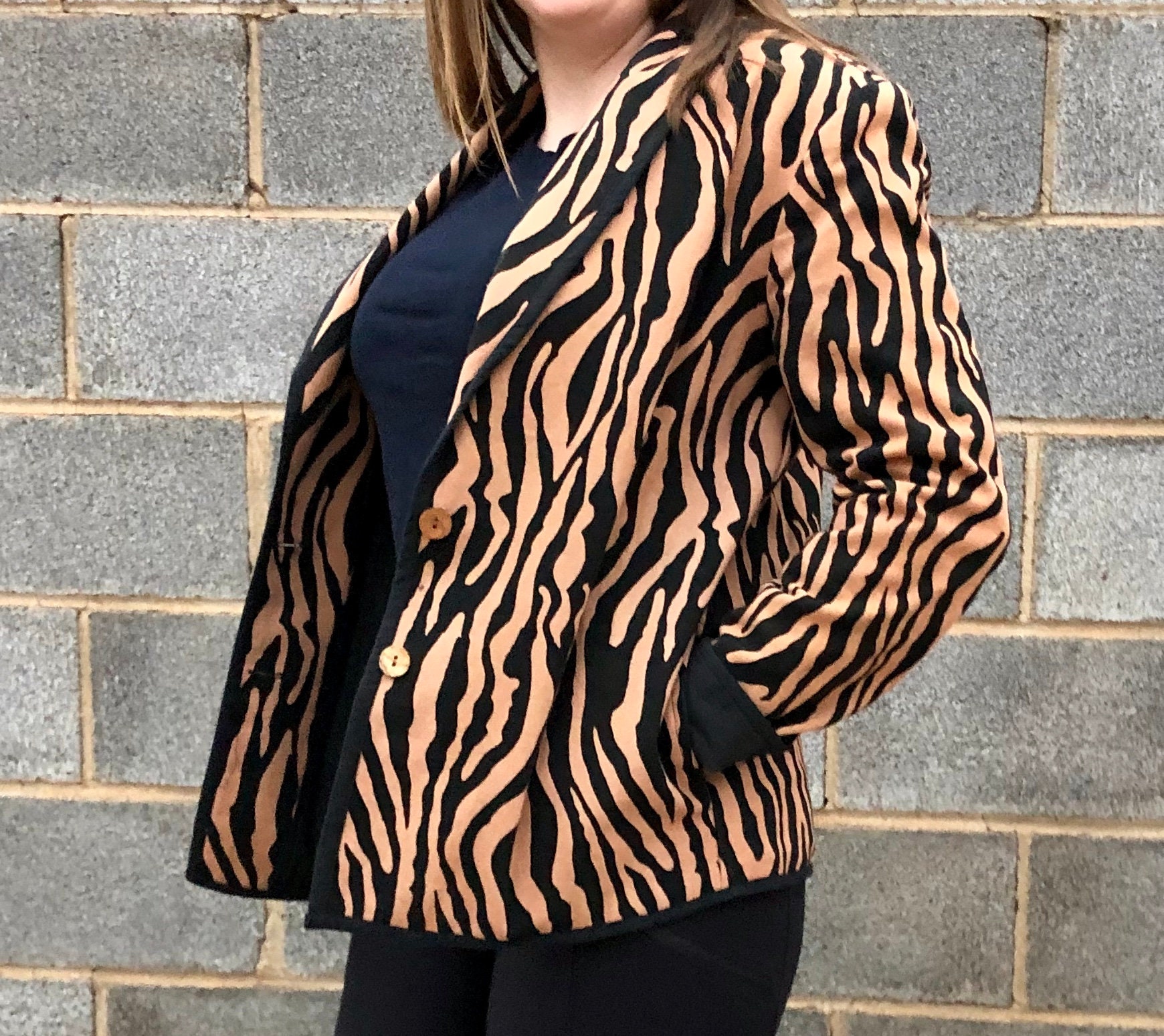 Vintage Bold Black and Tan Tiger/zerba Print Cotton Blazer - Phool Size ...