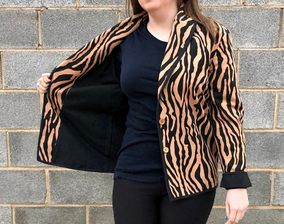 Vintage Bold Black and Tan Tiger/zerba Print Cotton Blazer Phool Size ...