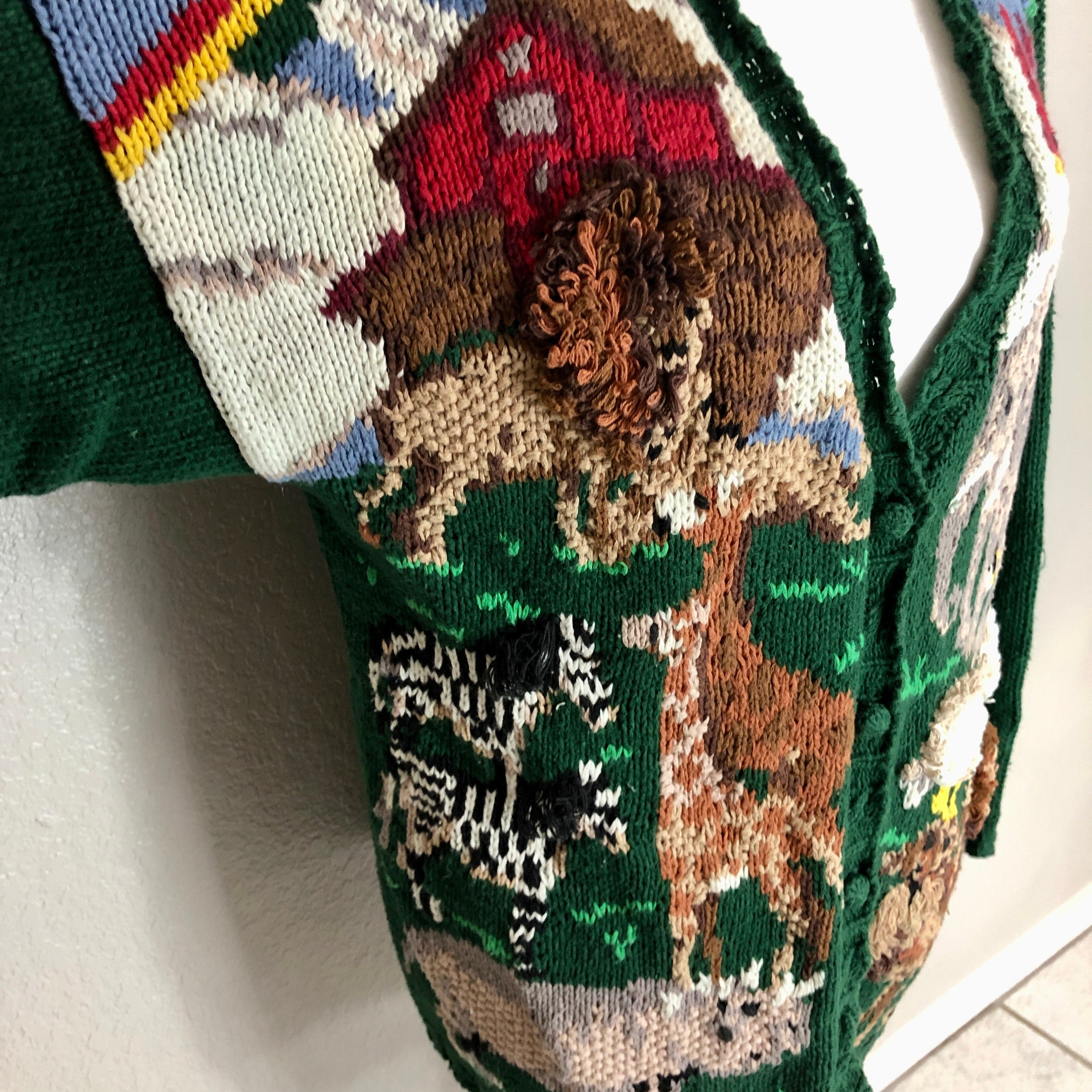 Amazing Noah's Ark Themed Knit Cardigan Sweater Size Women's Medium M ...