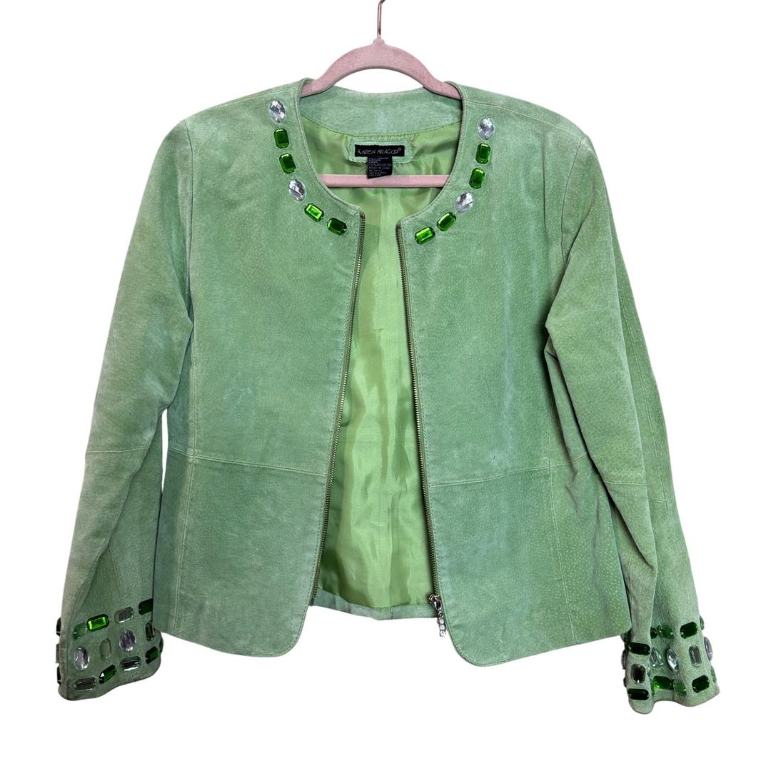 Y2k Glam Womens Leather Jacket Light Green Rhinestone Colorful ...