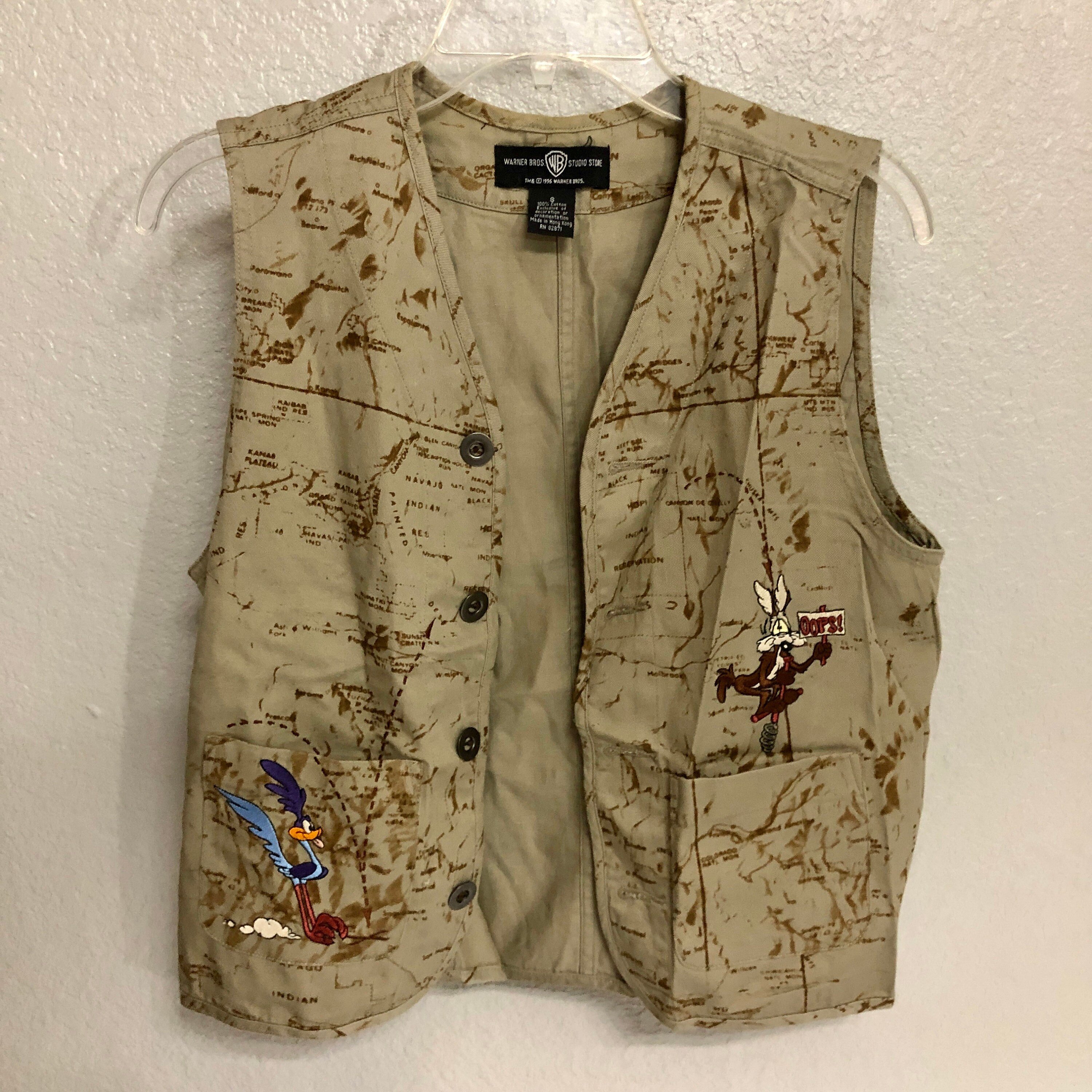 Cute 90s Wile E Coyote and Roadrunner Vintage Khaki Map Vest - Warner ...