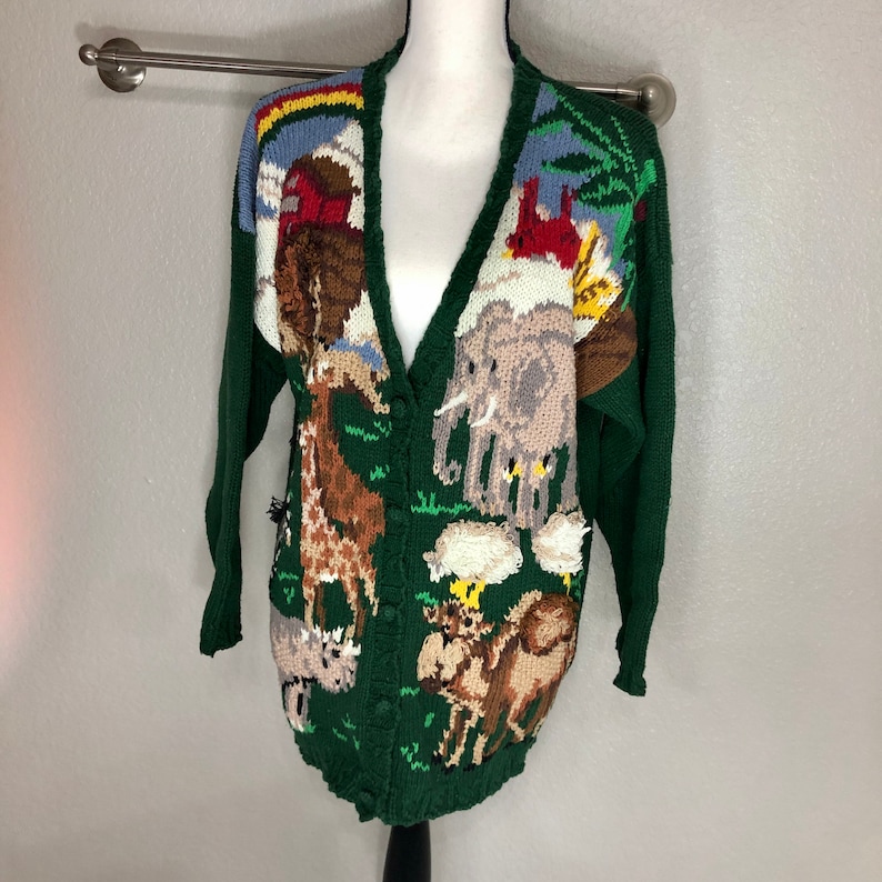 Amazing Noah's Ark Themed Knit Cardigan Sweater Size Women's Medium M ...
