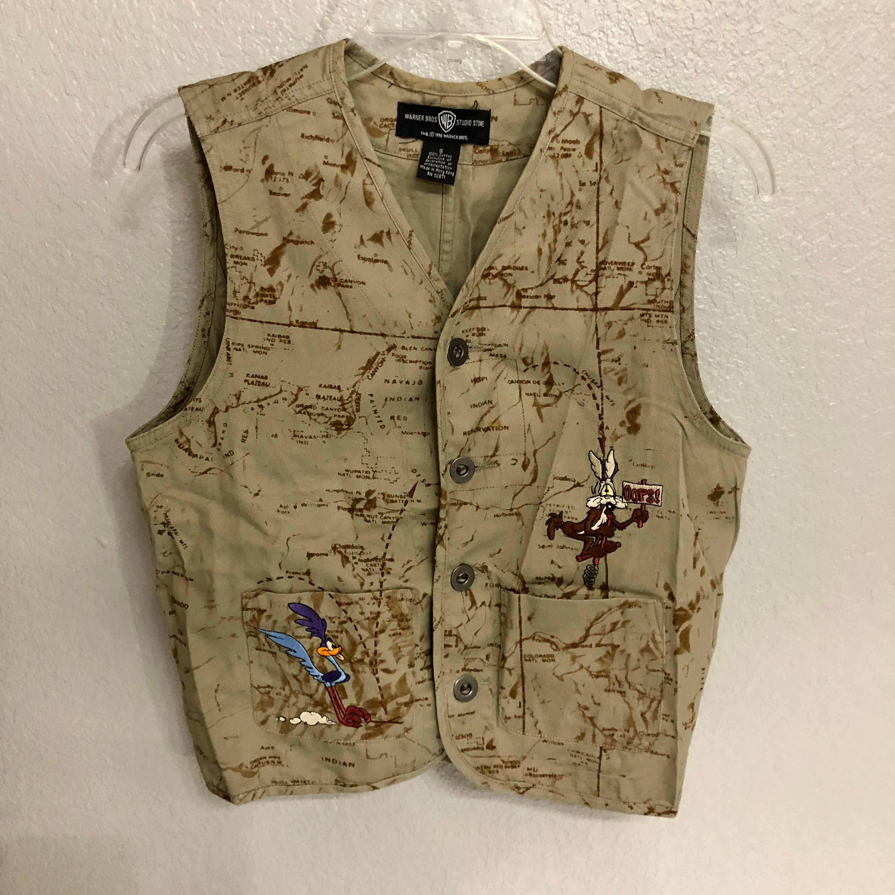 Cute 90s Wile E Coyote and Roadrunner Vintage Khaki Map Vest - Warner ...