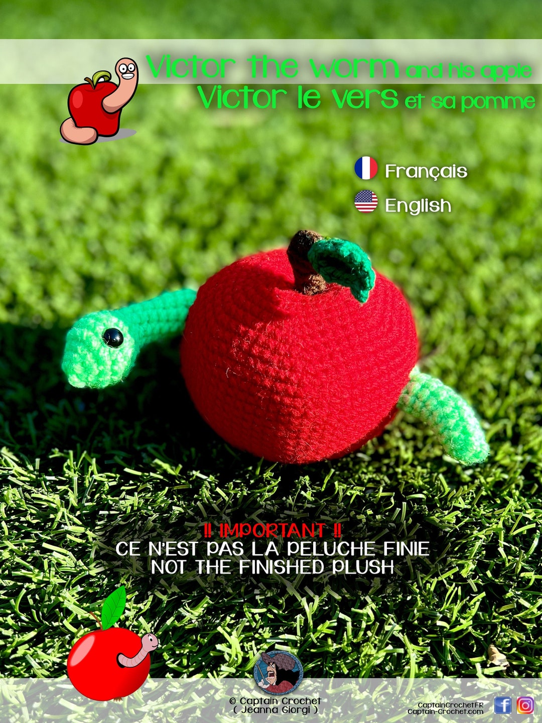 Crochet Pattern FR-US - Amigurumi Victor the Worm and His Apple - Etsy