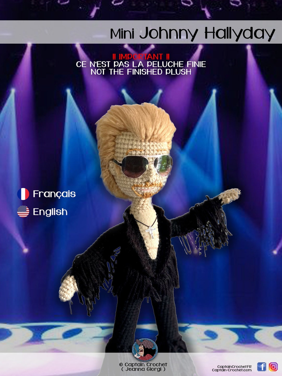 Crochet Pattern FR-US - Amigurumi Miniature Mini Rocker Johnny Hallyday ...