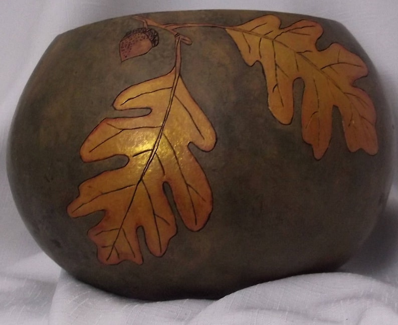 Oak Leaf Design Gourd, Gourd Art, Wood Burned Gourd, Gourd Bowl, - Etsy