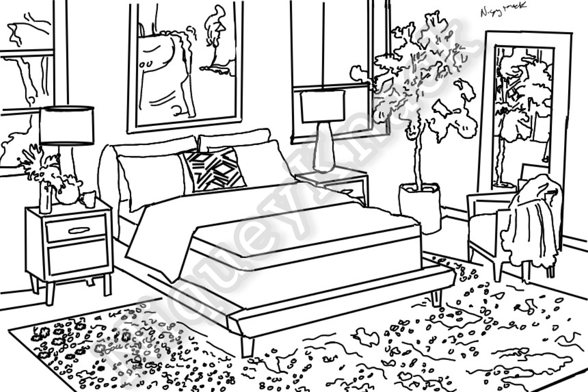 Hand Drawn Bedroom Coloring Page for Adults (digital Download) - Etsy