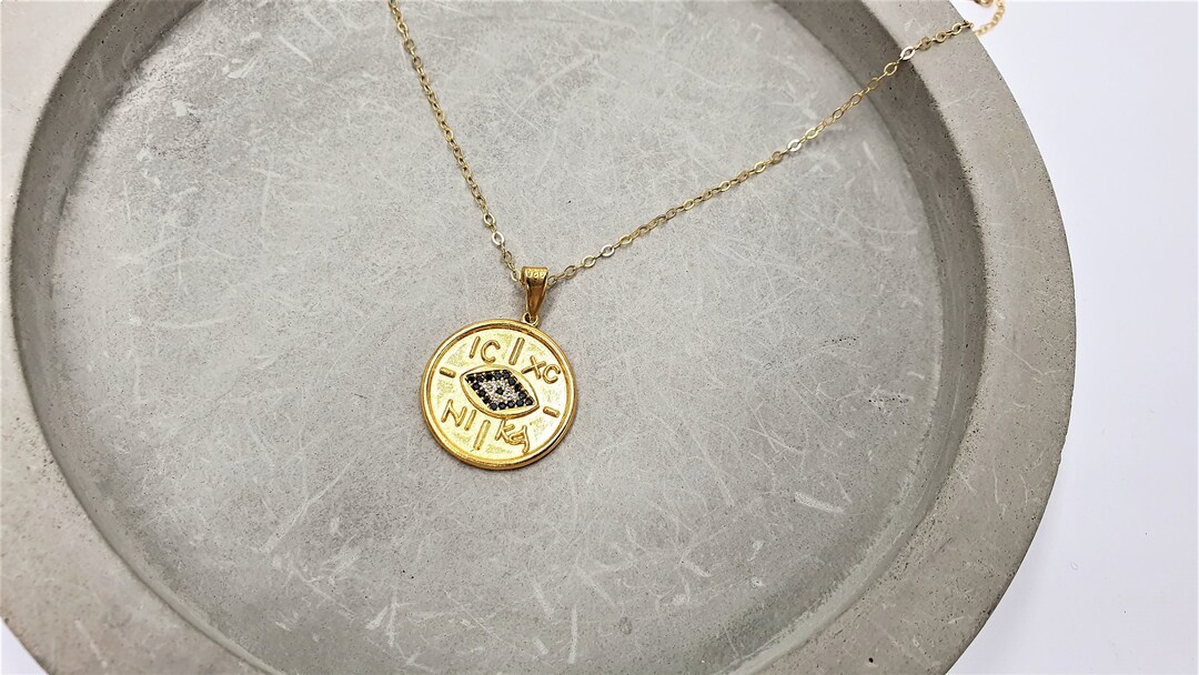 ICXC Nika Gold Necklace, Disc Pendant, Coin Necklace, Evil Eye Necklace ...