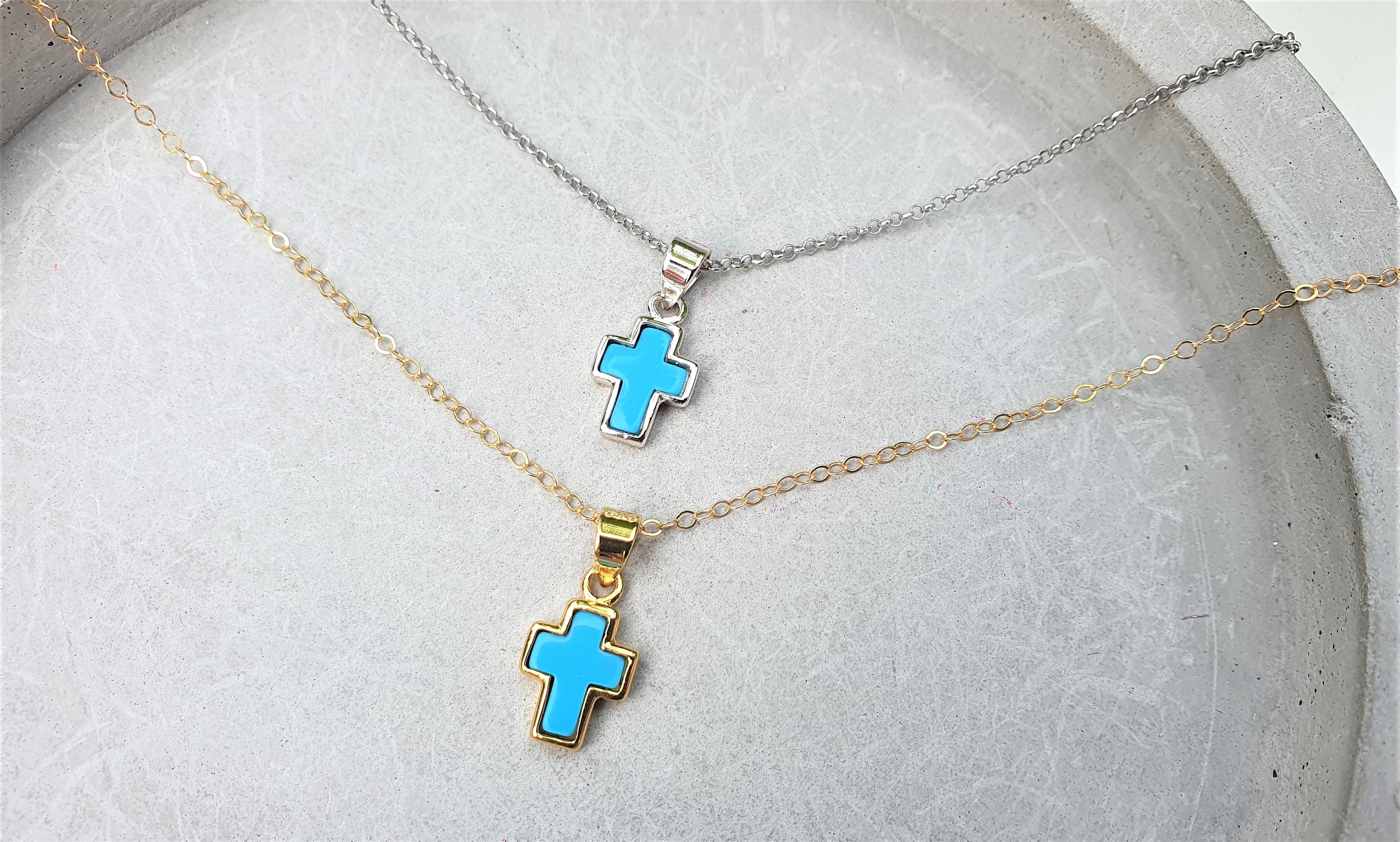 Blue Cross Necklace, 14k Gold Filled Chain, Vermeil Gold Cross ...