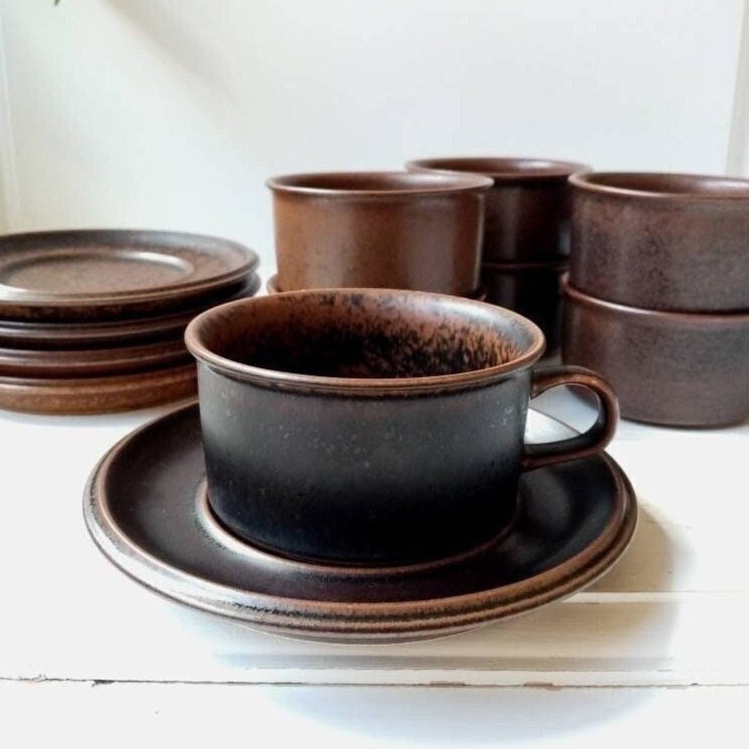 Arabia Ruska Vintage Cups and Saucers, Brown Coffee Cups, Stoneware ...