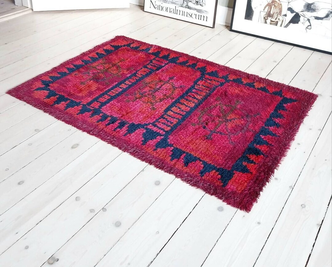 Danish Modern Rug Rya Geometric Pile Rug Red, Shaggy Wool Rug Vintage ...