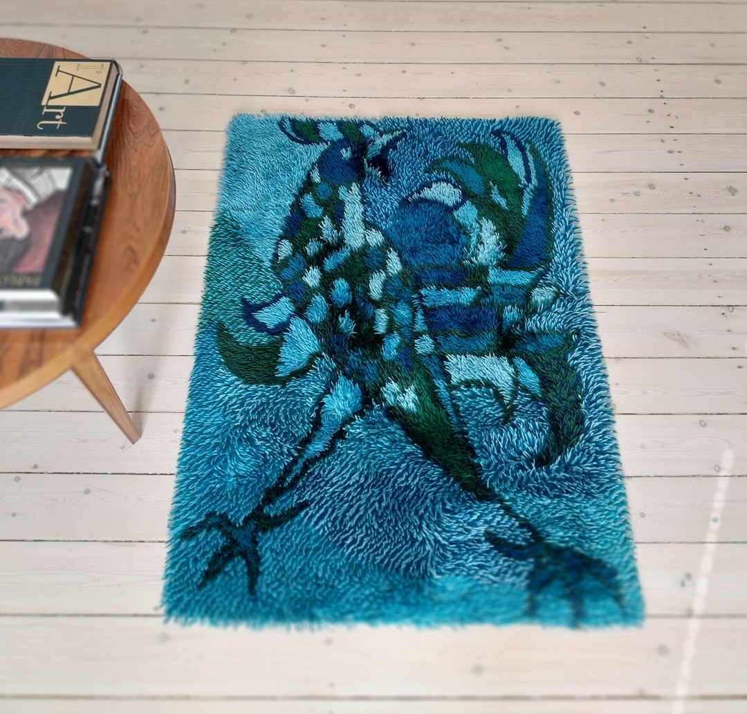 Rya Rug EGE Vintage Shag Rug Blue Scandinavian Rug Rooster Rug - Etsy