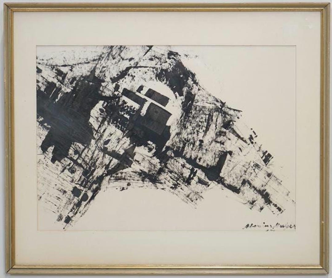 Alexius Huber Mid Century Painting Abstract Ink Drawing Cubist Painting ...