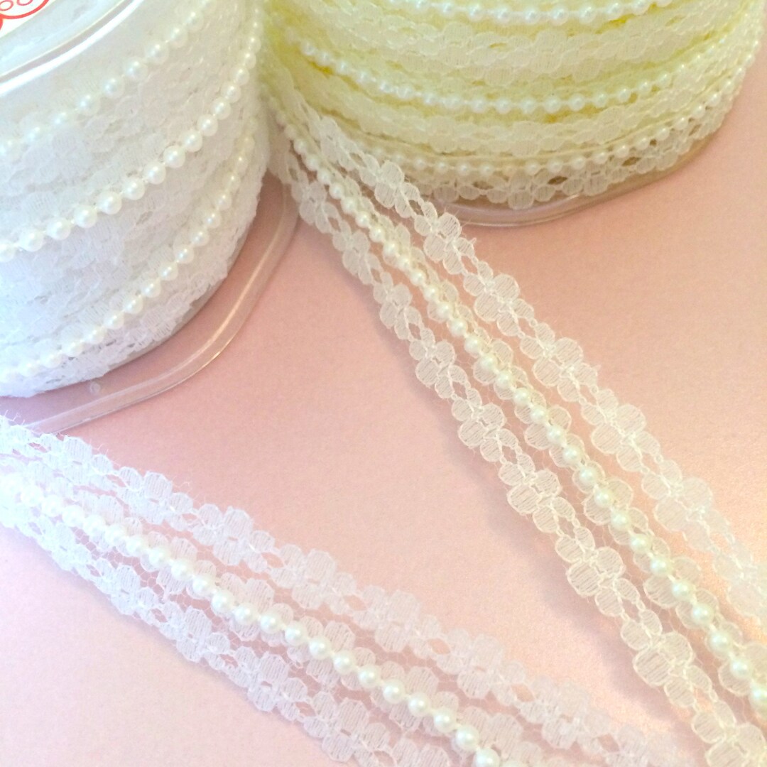 Sold by the Meter Bertie's Bows Lace & Pearl Trim 25mm Ribbon Daisy ...