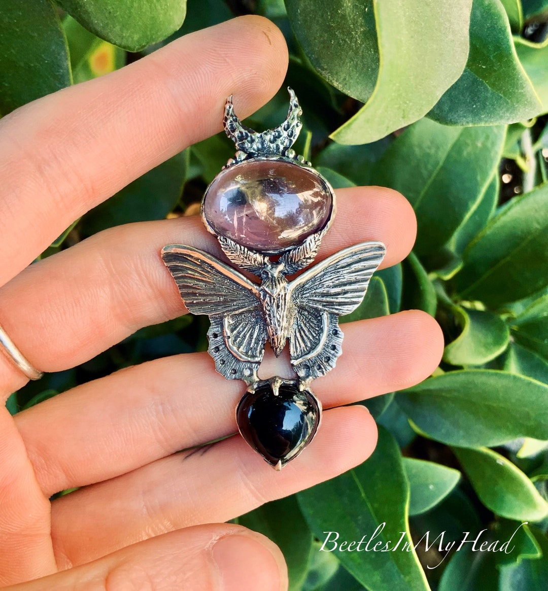 Large Sterling Silver Moon Moth Necklace, Amethyst Moth Pendant ...