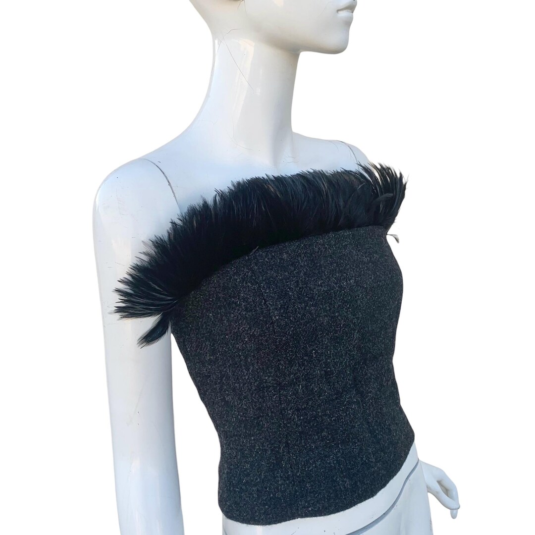 AW 1998 Jean Colonna Gray Tweed Bustier With Black Feather Trim - Etsy