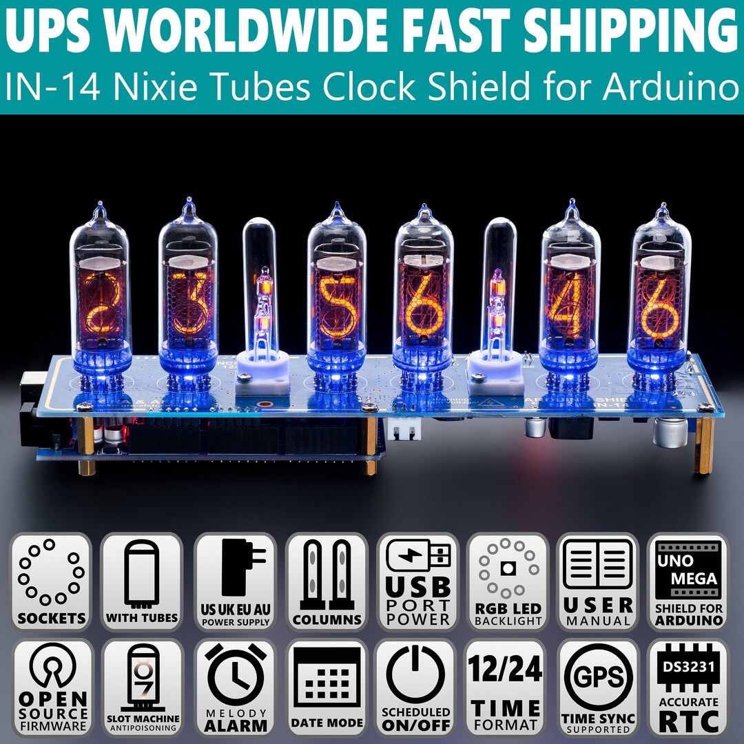 Nixie Tubes Clock IN-14 Arduino Shield GPS Temp. Sensor Remote With Sockets for Boyfriend ...