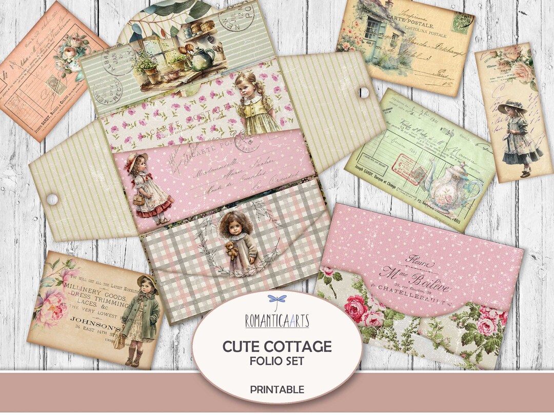 Cute Cottage Folio Set, Junk Journal Printable, Cottage Girls, Tri Fold ...