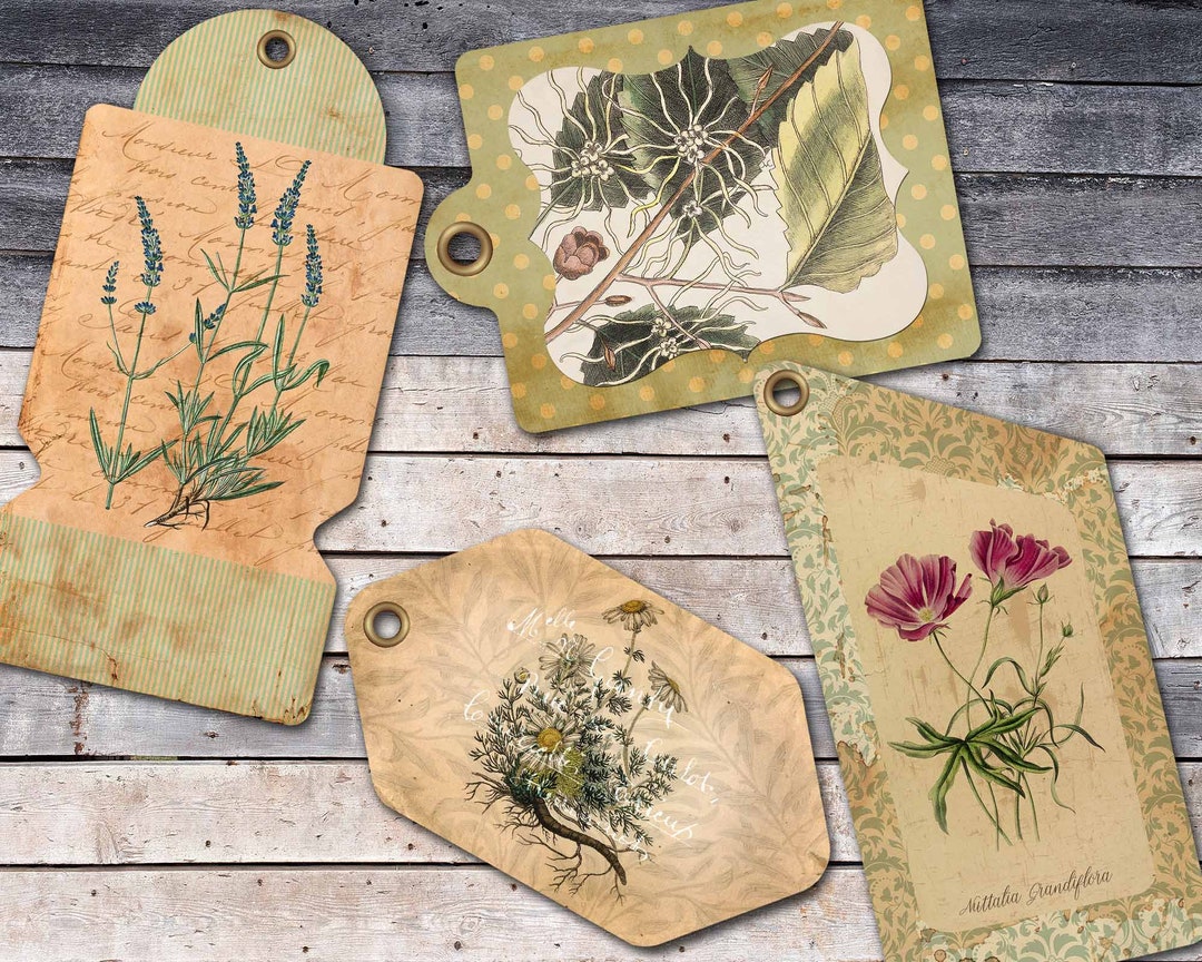 Digital Botanical Tag, Printable Floral, Tag Collage Sheet, Shabby Hang ...