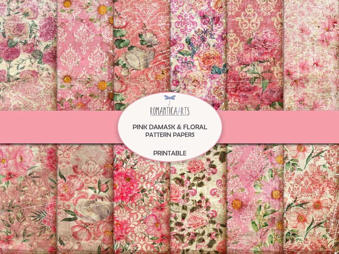 Pink Damask and Floral Pattern Paper, Pink Flower Pattern, Damask Paper ...