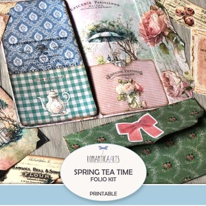 Spring Tea Time Folio Kit, Junk Journal Printable, Tri Fold Folio Kit, Tea and Roses, Folio ...